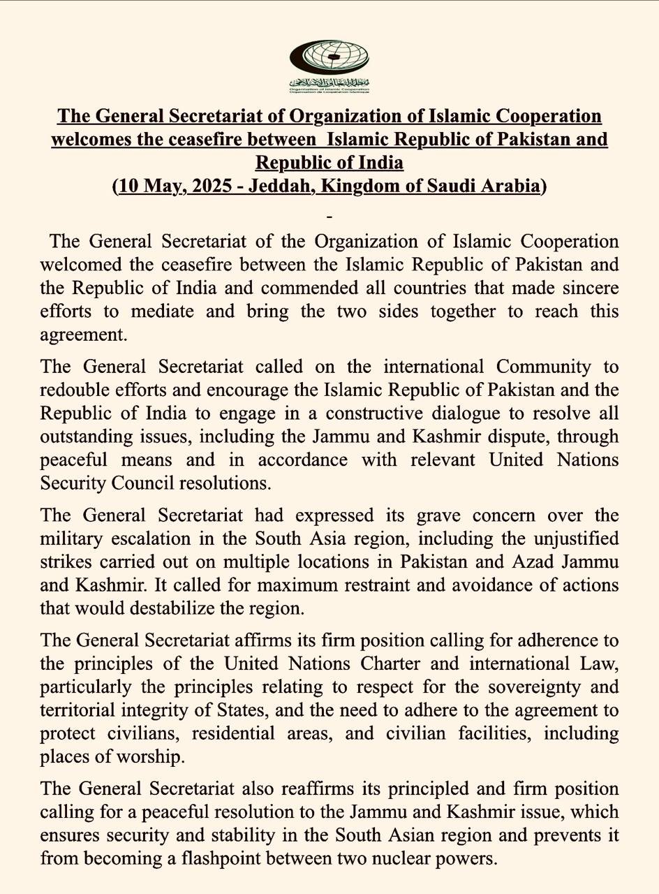 Pakistan welcomes the OIC_OCI support for the ceasefire and its ...