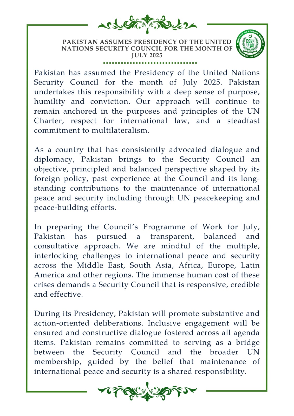 Pakistan Assumes Presidency of the United Nations Security Council for ...
