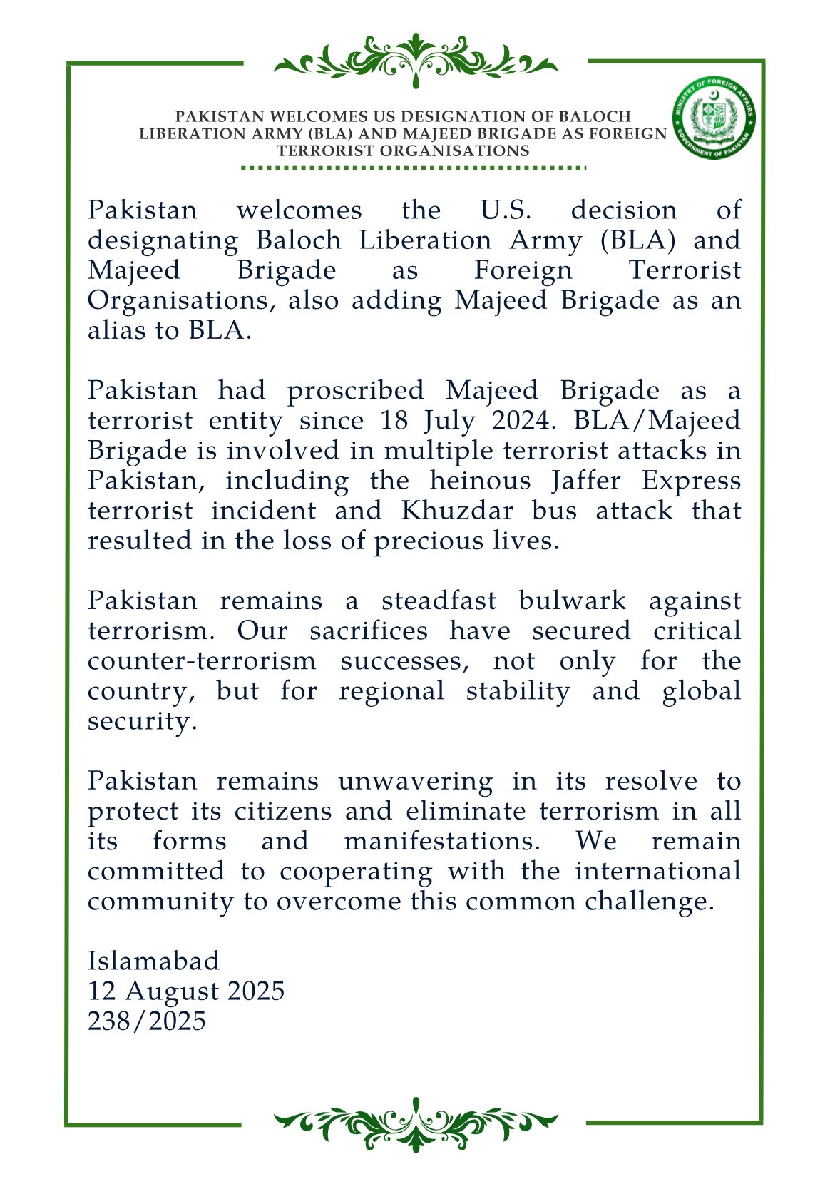 Pakistan Welcomes US Designation of Baloch Liberation Army (BLA) and ...